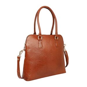 La Reina Women's Genuine Leather Handmade Handbags Shoulder Tote Organizer Top Handles Crossbody Bag Satchel Designer Purse, Crocodile Pattern (TAN)