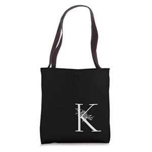 elegant black & white botanical floral monogram initial k tote bag