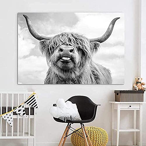 cow painting,cow pictures wall decor canvas Canvas Print Wall Art Black and White Freedom Highland Cow Pictures Painting for Living Room Bedroom Modern Home Decor Artwork-No Frame…