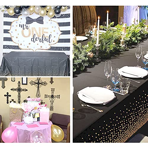 2 Pack Black Plastic Tablecloth Disposable Black and Gold Tablecloth for Rectangle Tables 54" x 108" Party Decorations Birthday Thanksgiving Christmas Valentines Wedding Outdoor BBQ Picnic (Black)