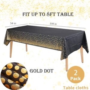 2 Pack Black Plastic Tablecloth Disposable Black and Gold Tablecloth for Rectangle Tables 54" x 108" Party Decorations Birthday Thanksgiving Christmas Valentines Wedding Outdoor BBQ Picnic (Black)