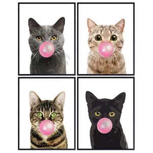 black cat, gray cat, tabby cat wall decor – cat lover gifts for women – cute kitten, kitty bubble gum wall art – room decoration for girls bedroom, kids room, living room, nursery – 8×10 poster set