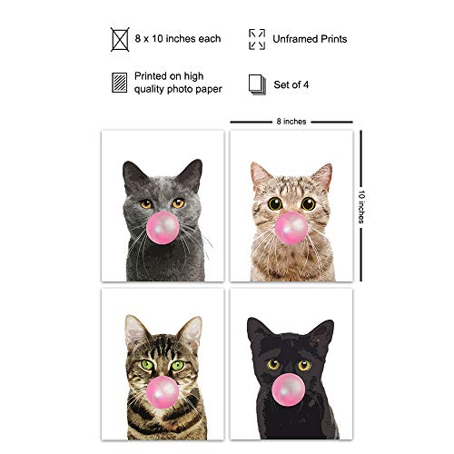 Black Cat, Gray Cat, Tabby Cat Wall Decor - Cat Lover Gifts for Women - Cute Kitten, Kitty Bubble Gum Wall Art - Room Decoration for Girls Bedroom, Kids Room, Living Room, Nursery - 8x10 Poster Set