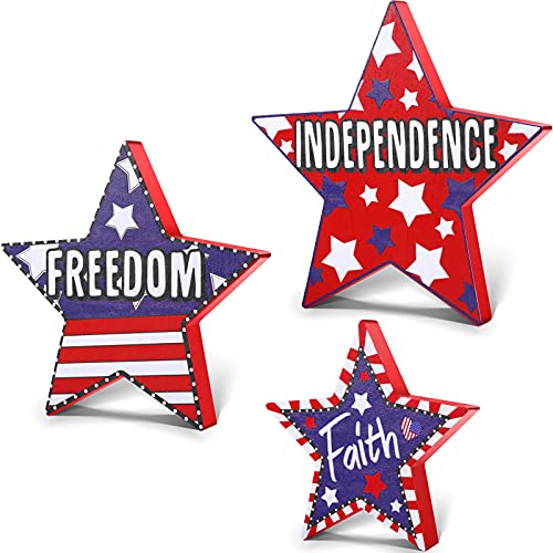 3 Pieces 4th of July Wood Star Decoration Faith Sign Patriotic Wooden Home Table Decor for Living Room Dining Table Centerpieces Memorial Day Decorations (Freedom and Independence)