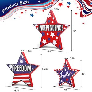 3 Pieces 4th of July Wood Star Decoration Faith Sign Patriotic Wooden Home Table Decor for Living Room Dining Table Centerpieces Memorial Day Decorations (Freedom and Independence)