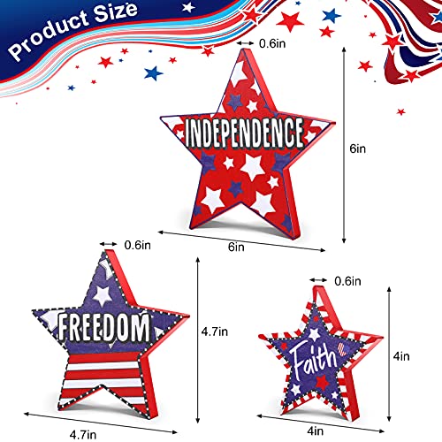 3 Pieces 4th of July Wood Star Decoration Faith Sign Patriotic Wooden Home Table Decor for Living Room Dining Table Centerpieces Memorial Day Decorations (Freedom and Independence)