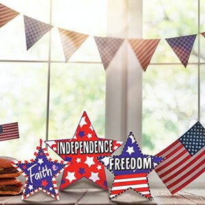 3 Pieces 4th of July Wood Star Decoration Faith Sign Patriotic Wooden Home Table Decor for Living Room Dining Table Centerpieces Memorial Day Decorations (Freedom and Independence)