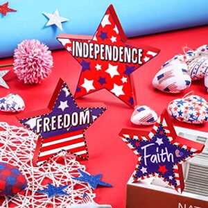 3 Pieces 4th of July Wood Star Decoration Faith Sign Patriotic Wooden Home Table Decor for Living Room Dining Table Centerpieces Memorial Day Decorations (Freedom and Independence)