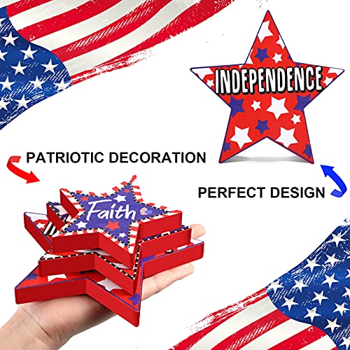 3 Pieces 4th of July Wood Star Decoration Faith Sign Patriotic Wooden Home Table Decor for Living Room Dining Table Centerpieces Memorial Day Decorations (Freedom and Independence)