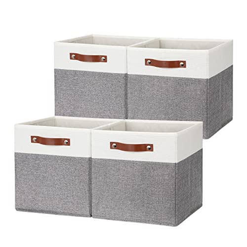 DULLEMELO Storage Cubes 12 inch, Collapsible Sturdy Cube Storage Bins With Handles for Organizing,Fabric Storage Baskets for Shelves Nursery Closet Home Organization and Storage (White&Grey-4 Pack)