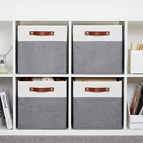 DULLEMELO Storage Cubes 12 inch, Collapsible Sturdy Cube Storage Bins With Handles for Organizing,Fabric Storage Baskets for Shelves Nursery Closet Home Organization and Storage (White&Grey-4 Pack)