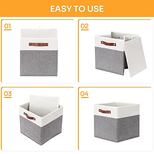 DULLEMELO Storage Cubes 12 inch, Collapsible Sturdy Cube Storage Bins With Handles for Organizing,Fabric Storage Baskets for Shelves Nursery Closet Home Organization and Storage (White&Grey-4 Pack)