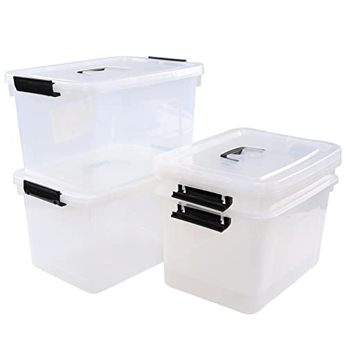 Vababa 10 L Clear Plastic Latch Storage Box with Handle, 4-Pack Storage Bin