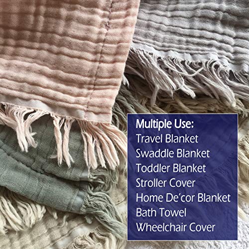 100% Organic Muslin Cotton Large Throw Blanket for Adult, Couch, 4-Layer Pre-Washed Plant Dyed Yarn, Breathable Soft, Cozy, Summer Lightweight Bed Blanket, All Season (60"x80" Pale Khaki/Tan)