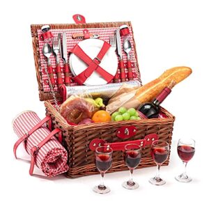 wicker picnic basket set for 4 persons with large insulated cooler bag and waterproof picnic blanket, willow picnic hamper for family, outdoor, camping, party(red)