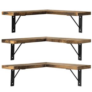 MyGift Wall Mounted Rustic Burnt Solid Wood Corner Shelf with Black Metal Brackets, Decorative Home Office Display Storage Shelves Rack, Set of 3