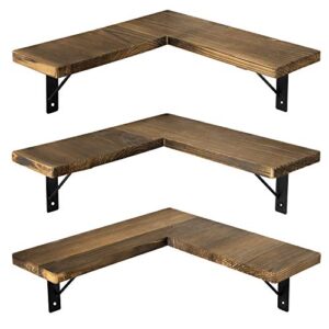 MyGift Wall Mounted Rustic Burnt Solid Wood Corner Shelf with Black Metal Brackets, Decorative Home Office Display Storage Shelves Rack, Set of 3