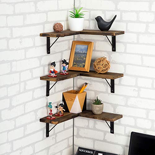 MyGift Wall Mounted Rustic Burnt Solid Wood Corner Shelf with Black Metal Brackets, Decorative Home Office Display Storage Shelves Rack, Set of 3