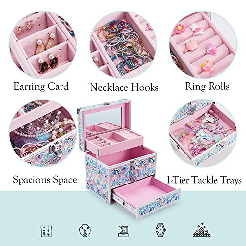 Hododou Girls Jewelry Box Organizer with Drawer & Mirror, Mermaid Tail Style Lockable Storage Case for Kid or Little Girls Jewelry and Hair Accessories