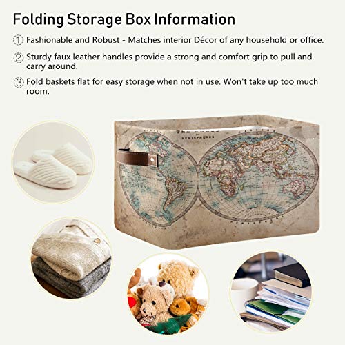 Nander Large Foldable Storage Bin Rectangle Waterproof Storage Basket Cube with PU Handles for Organizing Nursery Home Closet & Office - Old Stained World Map, 1 Pack