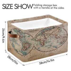 Nander Large Foldable Storage Bin Rectangle Waterproof Storage Basket Cube with PU Handles for Organizing Nursery Home Closet & Office - Old Stained World Map, 1 Pack