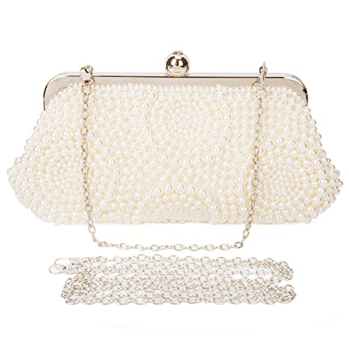 Pinprin Ladies Pearl Clutch Bag Womens Beaded Handbag Formal Prom Bridal Wedding Cocktail Party Purse (A-White)