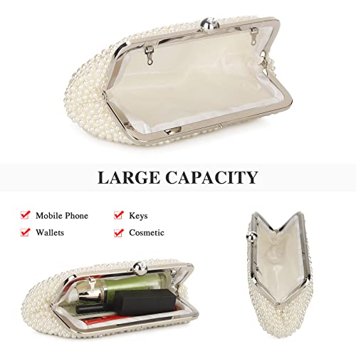 Pinprin Ladies Pearl Clutch Bag Womens Beaded Handbag Formal Prom Bridal Wedding Cocktail Party Purse (A-White)