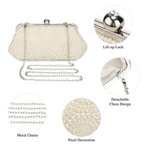 Pinprin Ladies Pearl Clutch Bag Womens Beaded Handbag Formal Prom Bridal Wedding Cocktail Party Purse (A-White)