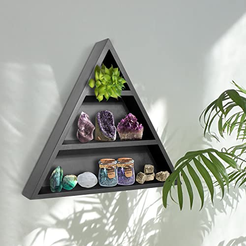 Triangle Shelf | Crystal Display Wall Decor | Shelves for Crystals and Healing Stones Small Geometric Floating | Black Triangular Meditation Stone Holder | Witchy Home Storage | Hanging Chakra Shelfs