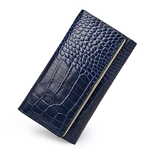 Leather Clutch Wallet for Women, Crocodile Pattern Split Cowhide Gift Box Packing Ladies Clutch Purses with Zipper Coin Pocket Rfid Blocking Womens Trifold Evening Wallet (Blue)