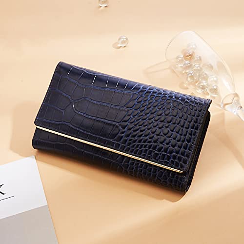 Leather Clutch Wallet for Women, Crocodile Pattern Split Cowhide Gift Box Packing Ladies Clutch Purses with Zipper Coin Pocket Rfid Blocking Womens Trifold Evening Wallet (Blue)