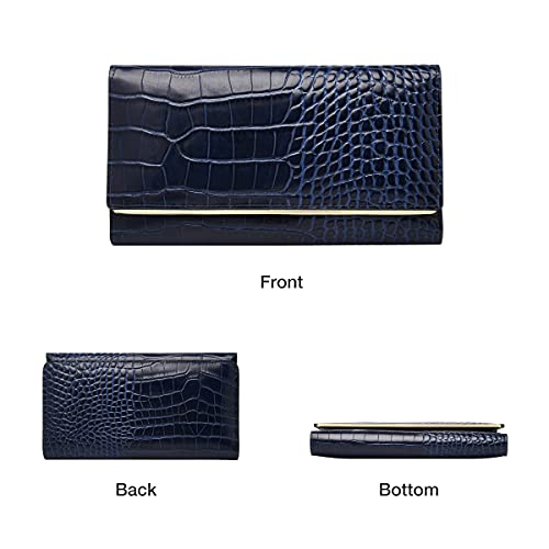 Leather Clutch Wallet for Women, Crocodile Pattern Split Cowhide Gift Box Packing Ladies Clutch Purses with Zipper Coin Pocket Rfid Blocking Womens Trifold Evening Wallet (Blue)