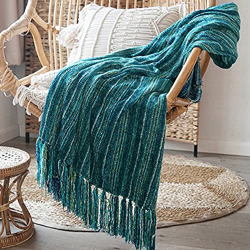 LEXAREY Rustic Farmhouse,Boho Style,Red Chenille Knitted,Home Decorative Bed Throw Blanke with Tassels,Lightweight Soft Cozy Woven Blanket for Chair,Couch,Picnic,Camping, Beach,50x60 Inch (Green)