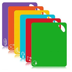 cutting board mats set, extra thick flexible plastic kitchen chopping board, colored mats with food icons & easy-grip handles, dishwasher safe, set of 6