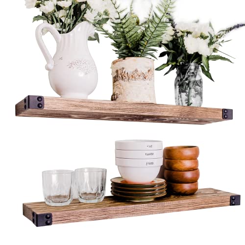 Willow & Grace Wall Mounted Wooden Floating Shelves, Wall Shelves for Bedroom, Bathroom, Living & Laundry Room, Kitchen, Storage & Decor - Rustic Farmhouse Small Wood Shelf - Walnut (24" Set of 2)