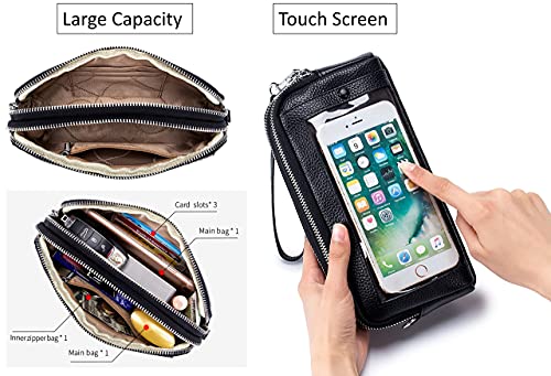 Genuine Leather Small Crossbody Bag Touch Screen Phone Case Wristlet Clutch Handbag for Women Girls (L1- Black)