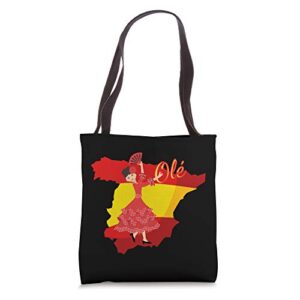 flamenco dancer red polka dot dress spanish map flag ole tote bag