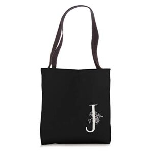 elegant black & white botanical floral monogram initial j tote bag