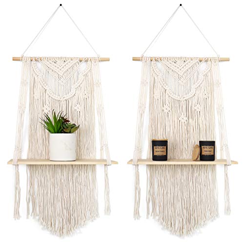 GregCo Set of 2 Handmade Macrame Wall Hanging Shelves-Decorative Floating Bohemian Shelf for Plants, Books and Vases - Woven Boho Shelving Display Unit for Homes or Office