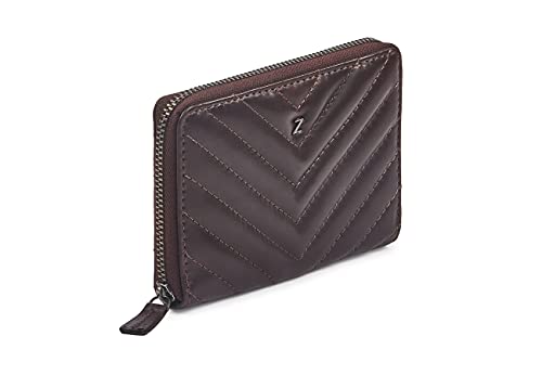 Zinda Genuine Leathers Women’s Wallet Mini Purse Zip Around RFID Protection Quilted (Brown)