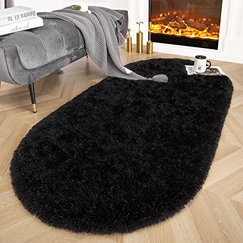 Ompaa Black Fluffy Oval Rugs, Super Soft Shaggy Carpet Fuzzy Long Fur Area Rug for Bedroom Living Room Dorm, Plush Kids Playroom Baby Girls Nursery Decor Mats, 2x5 Feet