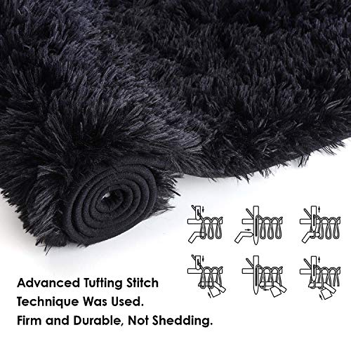 Ompaa Black Fluffy Oval Rugs, Super Soft Shaggy Carpet Fuzzy Long Fur Area Rug for Bedroom Living Room Dorm, Plush Kids Playroom Baby Girls Nursery Decor Mats, 2x5 Feet