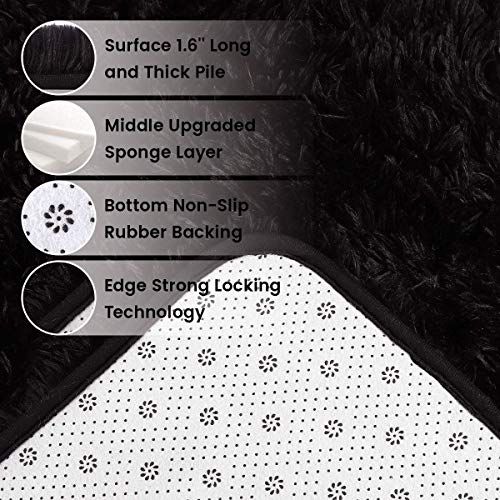 Ompaa Black Fluffy Oval Rugs, Super Soft Shaggy Carpet Fuzzy Long Fur Area Rug for Bedroom Living Room Dorm, Plush Kids Playroom Baby Girls Nursery Decor Mats, 2x5 Feet