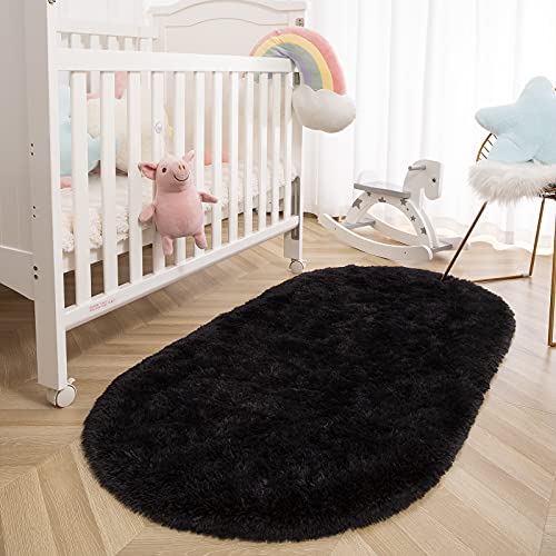 Ompaa Black Fluffy Oval Rugs, Super Soft Shaggy Carpet Fuzzy Long Fur Area Rug for Bedroom Living Room Dorm, Plush Kids Playroom Baby Girls Nursery Decor Mats, 2x5 Feet