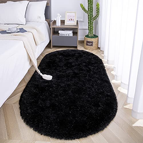 Ompaa Black Fluffy Oval Rugs, Super Soft Shaggy Carpet Fuzzy Long Fur Area Rug for Bedroom Living Room Dorm, Plush Kids Playroom Baby Girls Nursery Decor Mats, 2x5 Feet