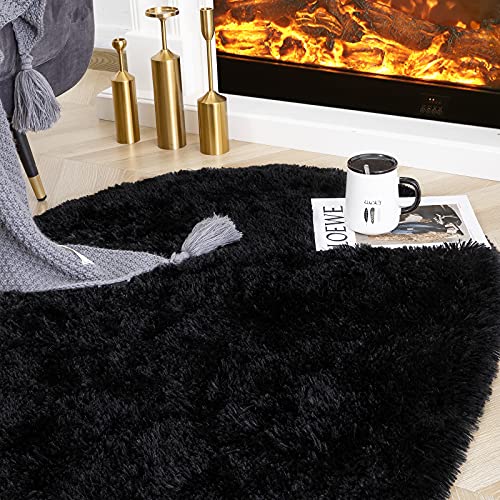 Ompaa Black Fluffy Oval Rugs, Super Soft Shaggy Carpet Fuzzy Long Fur Area Rug for Bedroom Living Room Dorm, Plush Kids Playroom Baby Girls Nursery Decor Mats, 2x5 Feet