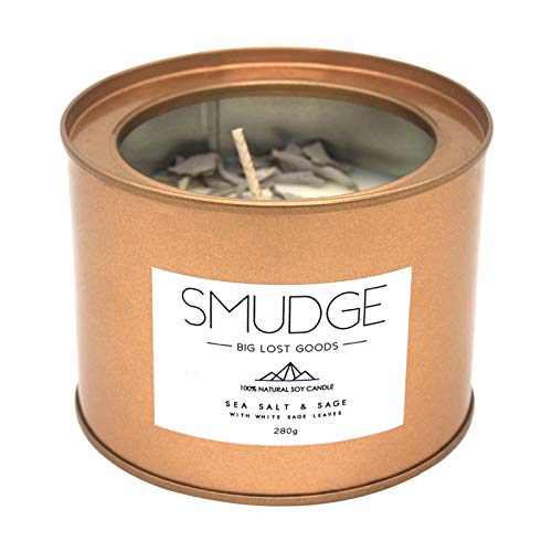 BIG LOST GOODS Smudge Candle: Sea Salt & Sage Scented with Real White Sage Leaves & 100% Natural Soy Wax (10 Oz Tin). Use for: Smudging, Energy Cleansing, Purification, Aromatherapy