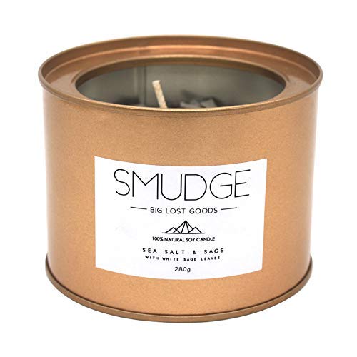 BIG LOST GOODS Smudge Candle: Sea Salt & Sage Scented with Real White Sage Leaves & 100% Natural Soy Wax (10 Oz Tin). Use for: Smudging, Energy Cleansing, Purification, Aromatherapy