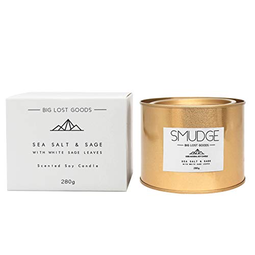 BIG LOST GOODS Smudge Candle: Sea Salt & Sage Scented with Real White Sage Leaves & 100% Natural Soy Wax (10 Oz Tin). Use for: Smudging, Energy Cleansing, Purification, Aromatherapy