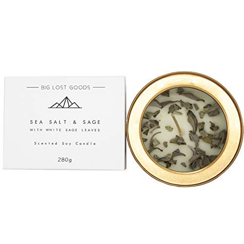 BIG LOST GOODS Smudge Candle: Sea Salt & Sage Scented with Real White Sage Leaves & 100% Natural Soy Wax (10 Oz Tin). Use for: Smudging, Energy Cleansing, Purification, Aromatherapy